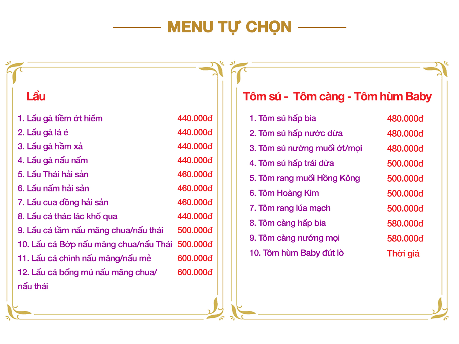 Menu Tiệc Bàn